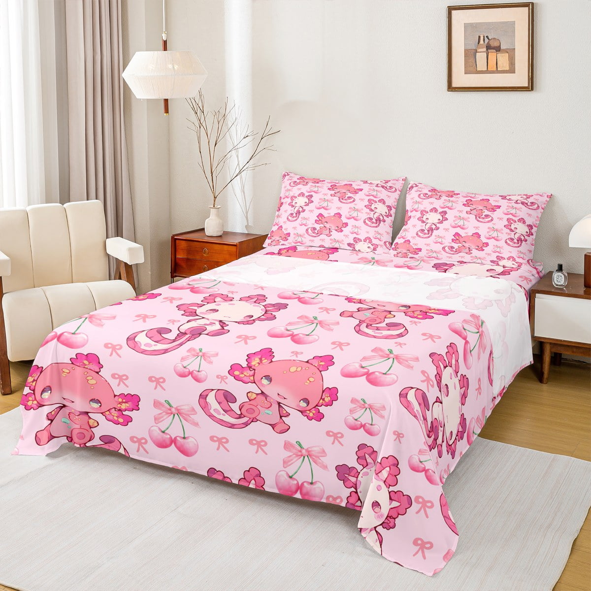 Feelyou Cute Axolotl Queen Sheet Sets, Kawaii Bow Tie Cherry Flat Sheet ...