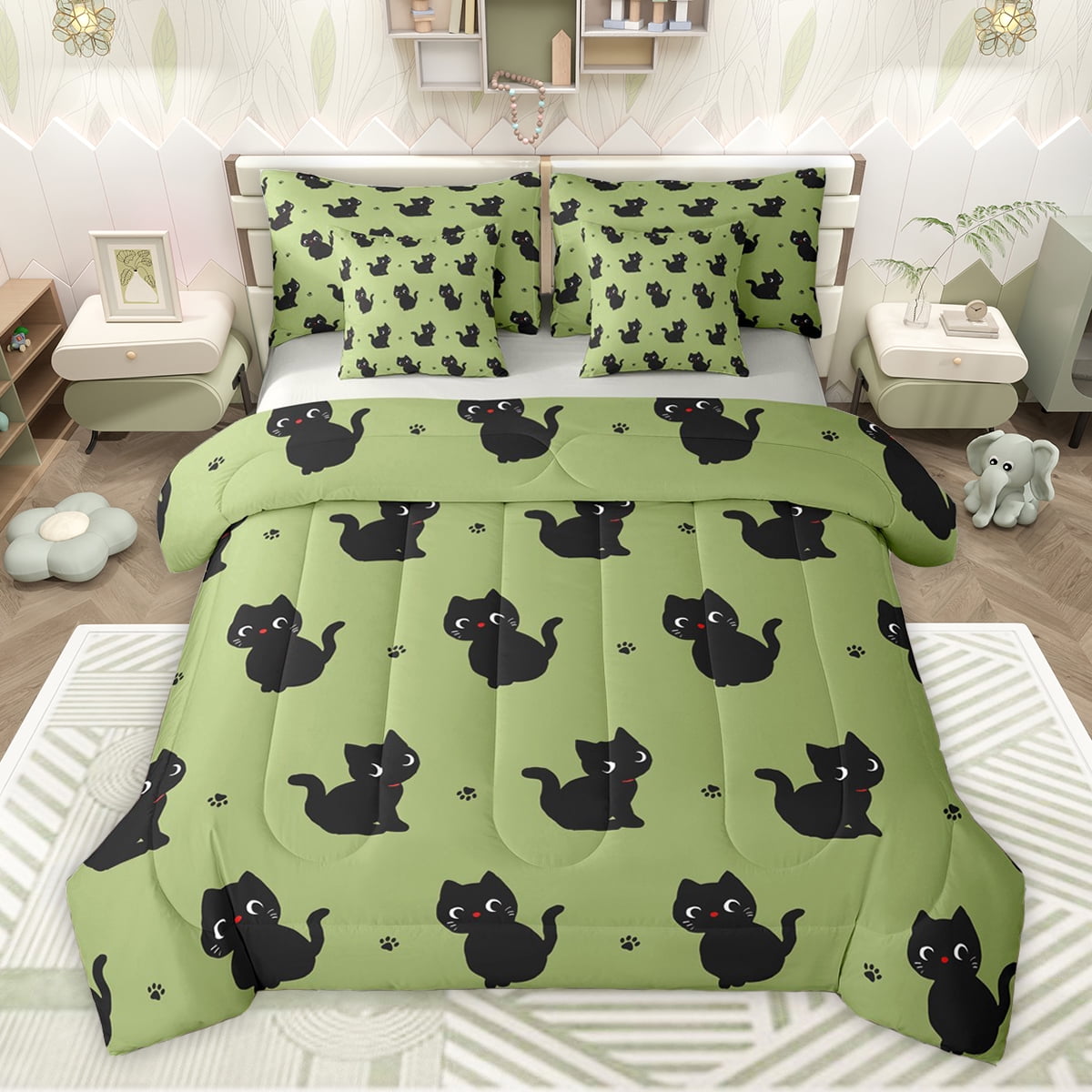 Feelyou Cute Black Cat Bedding Comforter Set 7 Pieces for Kids, Kawaii ...
