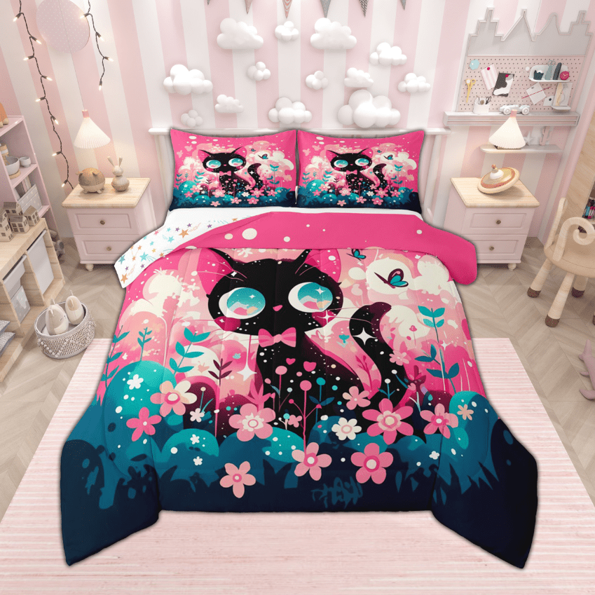 Feelyou Cute Black Cat Queen Comforter Set for Kids Girls, Anime Kitten ...