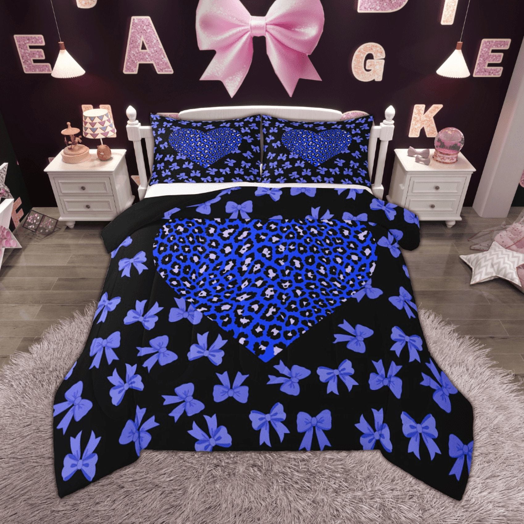 Feelyou Cute Blue Heart Bedding Comforter Set, Kawaii Bowtie Twin ...