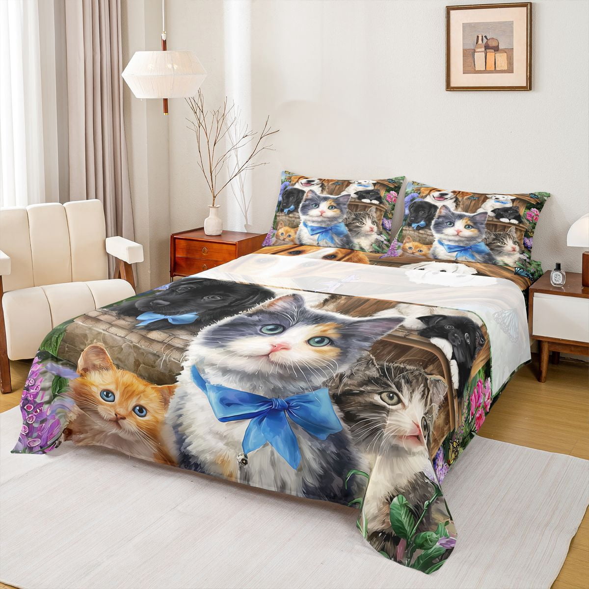 Feelyou Cute Bowknot Cat Bed Sheets, Cartoon Animal King Sheets, 4 ...