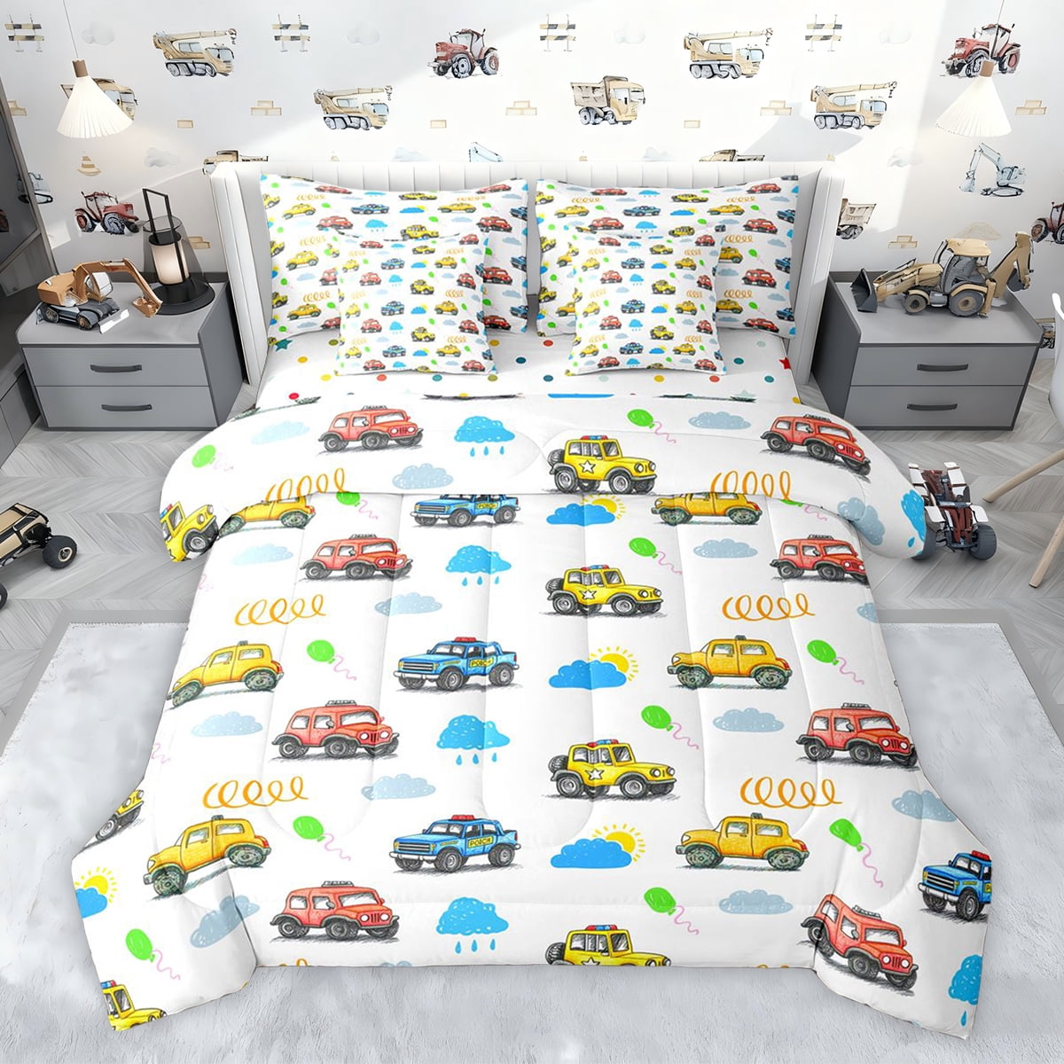 Feelyou Cute Car Bus Twin Bedding Sets 7-Piece, Cartoon Excavator ...