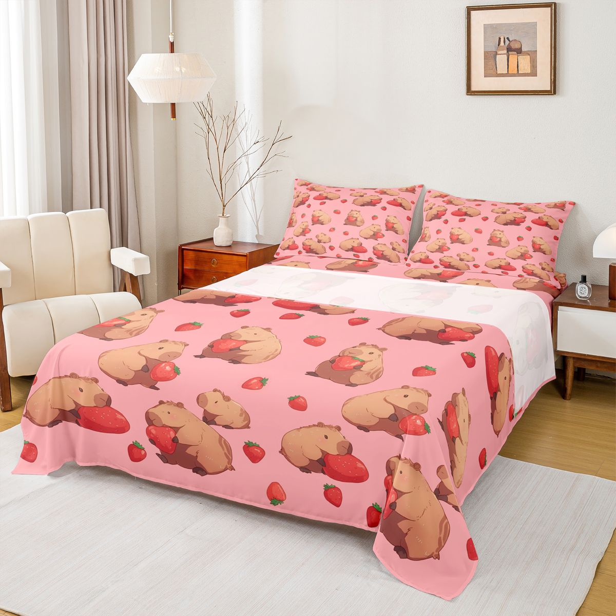 Feelyou Cute Cartoon Capibara Bed Sheets, Kawaii Red Strawberry King ...