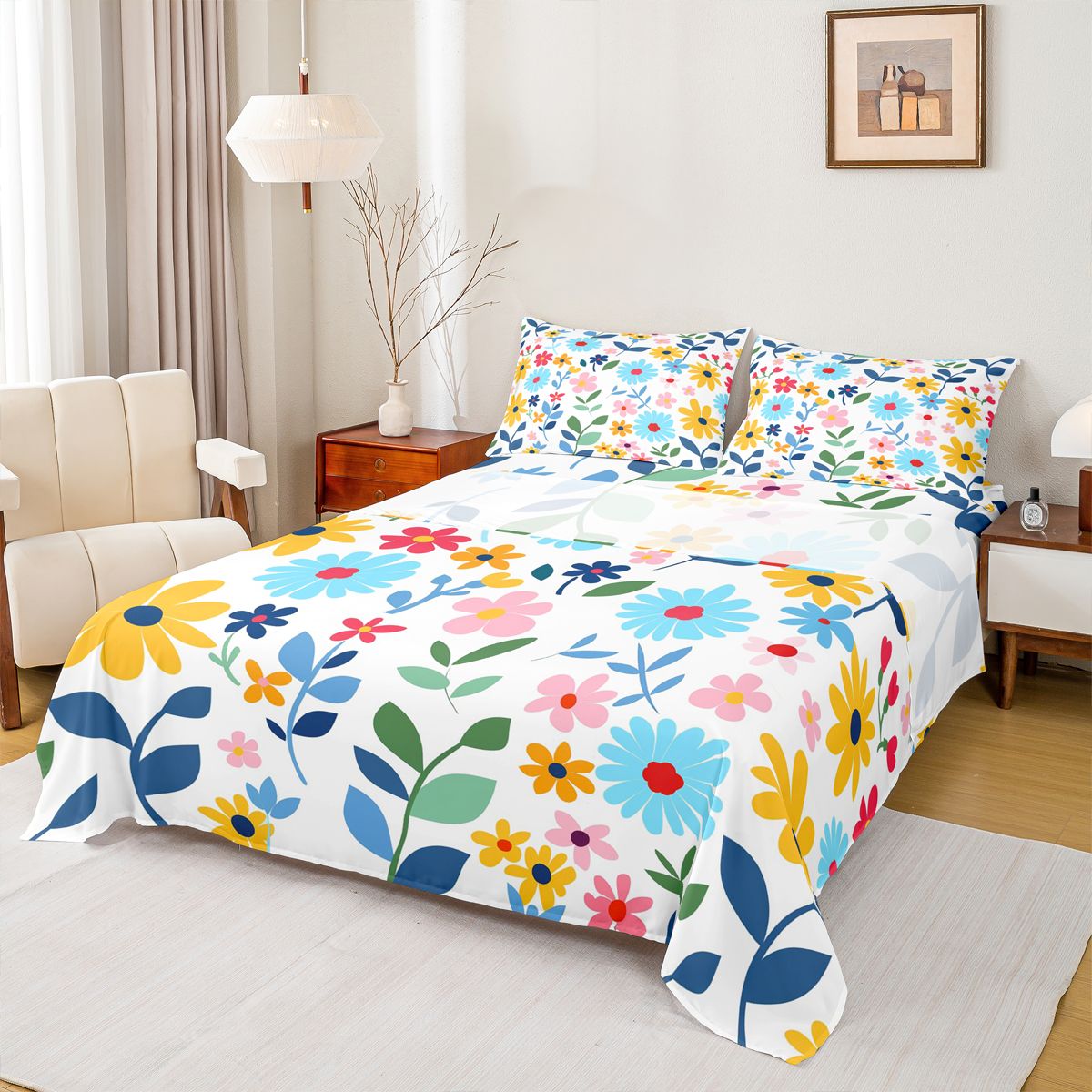 Feelyou Cute Cartoon Floral Full Size Sheets, Kawaii Blue Groovy Flower ...