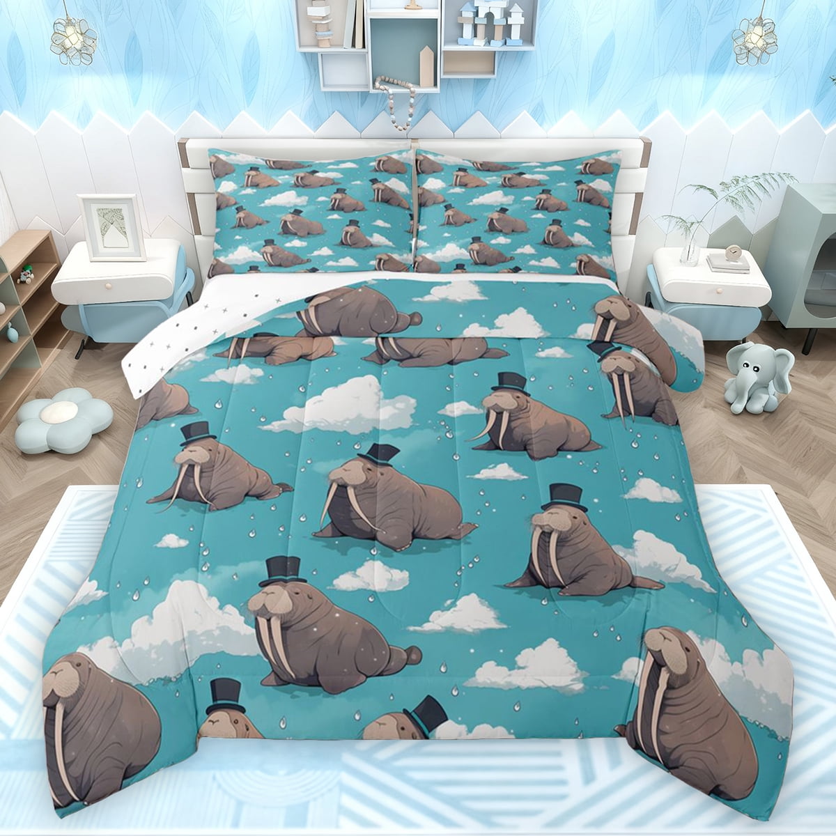 Feelyou Cute Cartoon Walrus Queen Comforter Set, Kawaii Ocean Animal ...