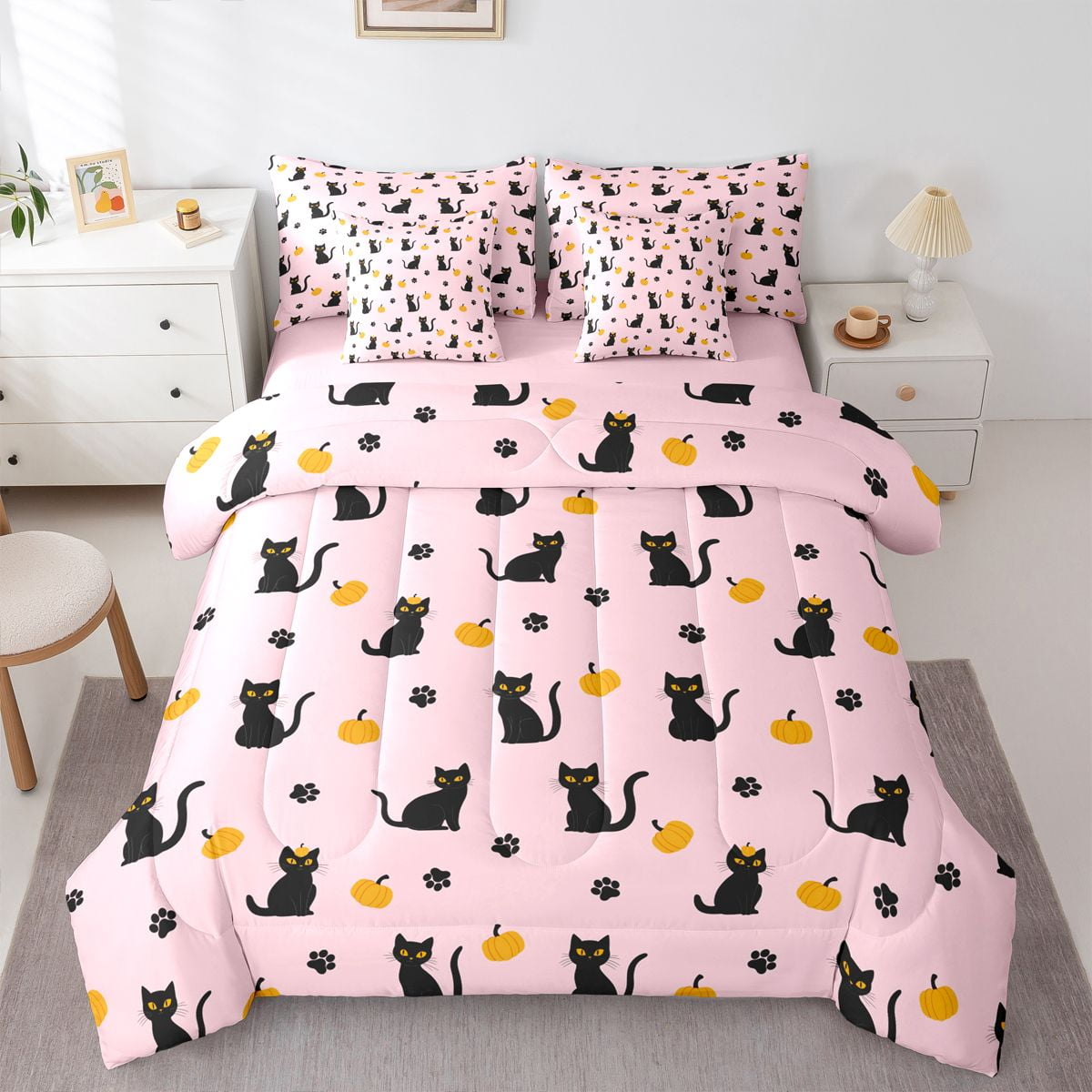 Feelyou Cute Cat Bedding Comforter Set 7-Piece, Pink Cartoon Full ...