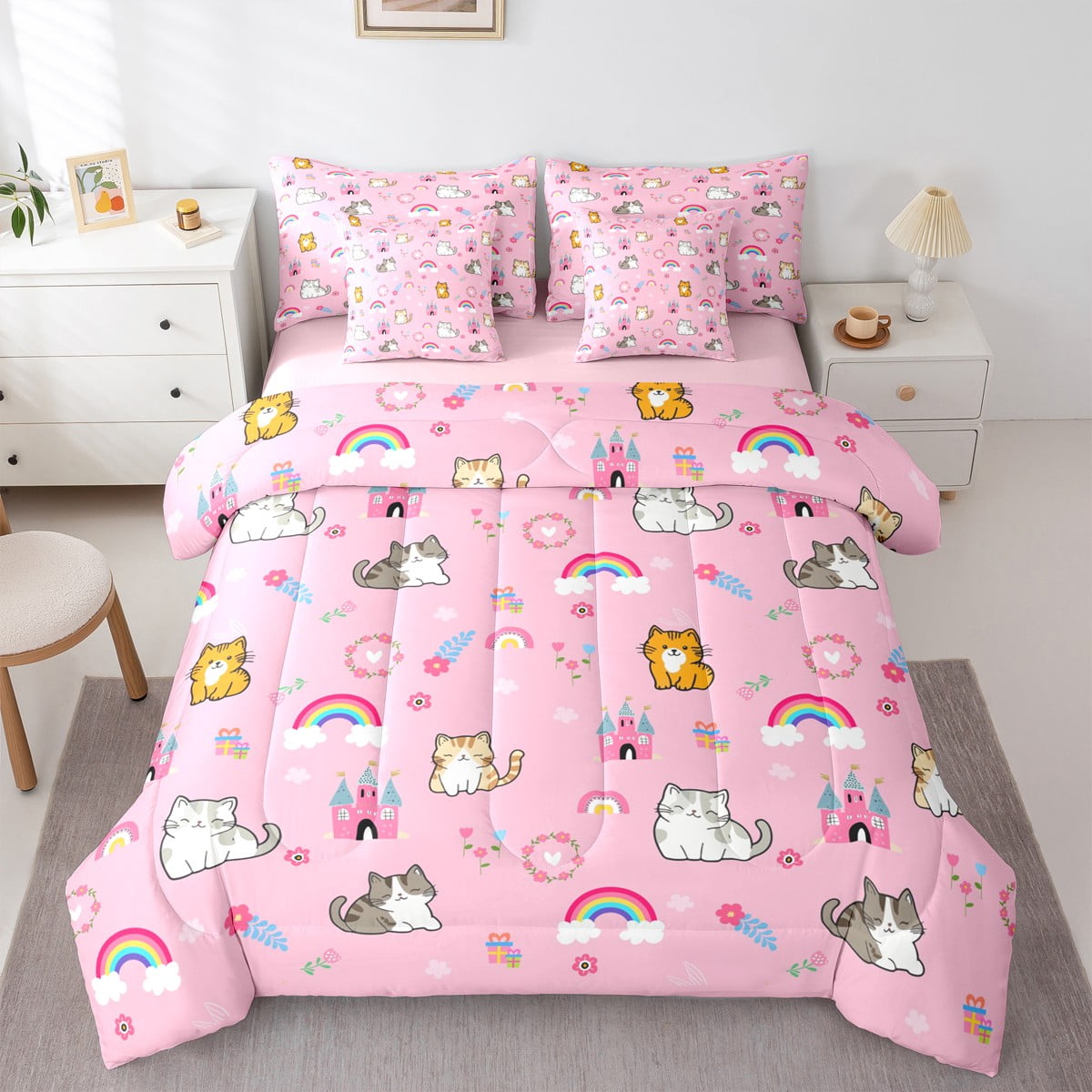 Feelyou Cute Cat Kitten Twin Bedding Sets 7-Piece for Kid, Cartoon ...
