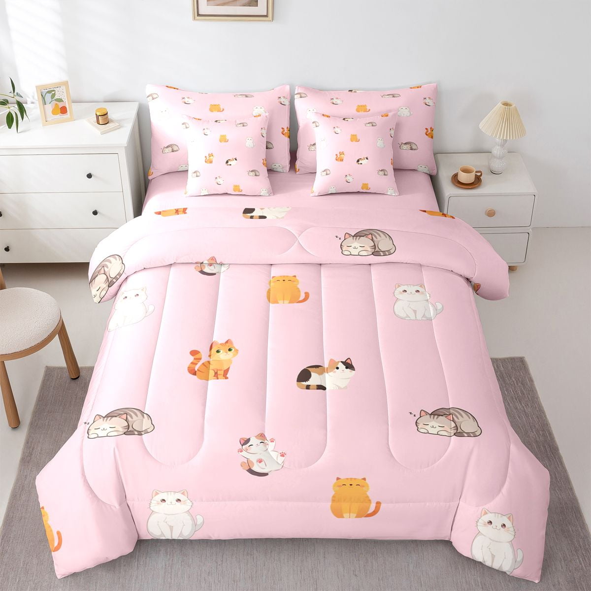 Feelyou Cute Cat Teens Bedding Comforter Set 7 Pieces, Pink Cartoon ...