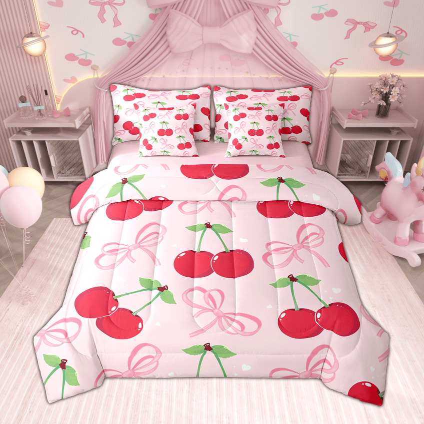 Feelyou Cute Cherry Bedding Comforter Set 7 Pieces, Princess Girl Queen ...
