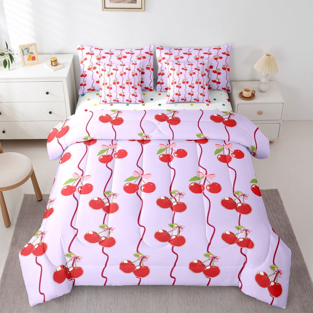 Feelyou Cute Cherry Fruit Bedding Comforter Set 7 Pieces, Boy Girl Full ...