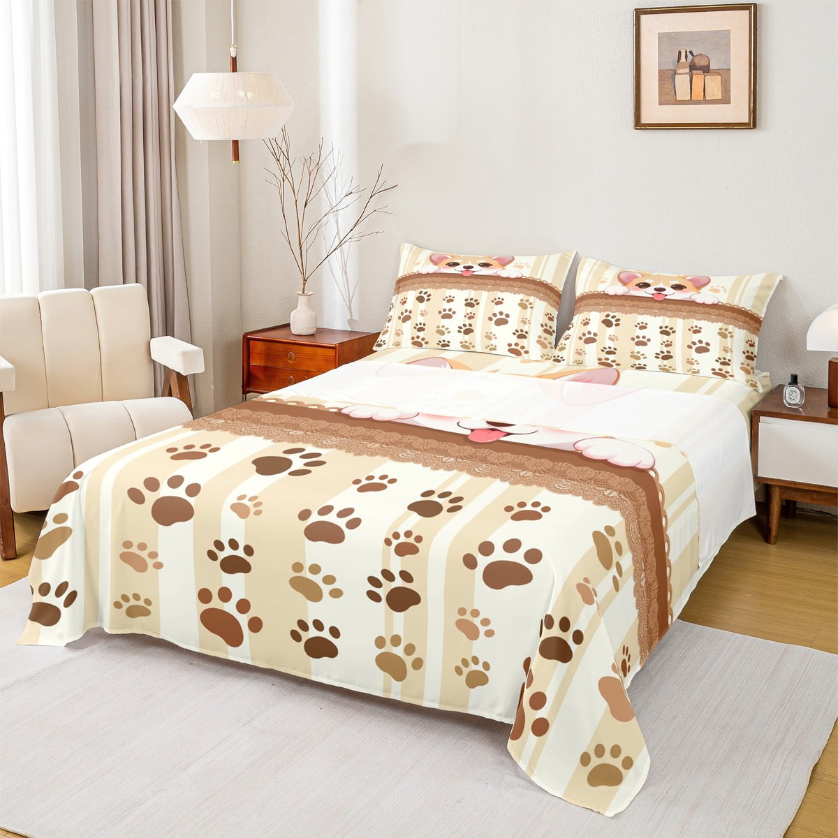 Feelyou Cute Corgi Dog Bed Sheets, Brown Paws King Sheets, Kawaii Beige ...
