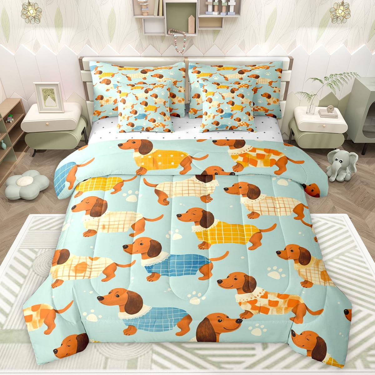 Feelyou Cute Dachshund Kids Bedding Comforter Set 7 Pieces, Cartoon Pug ...