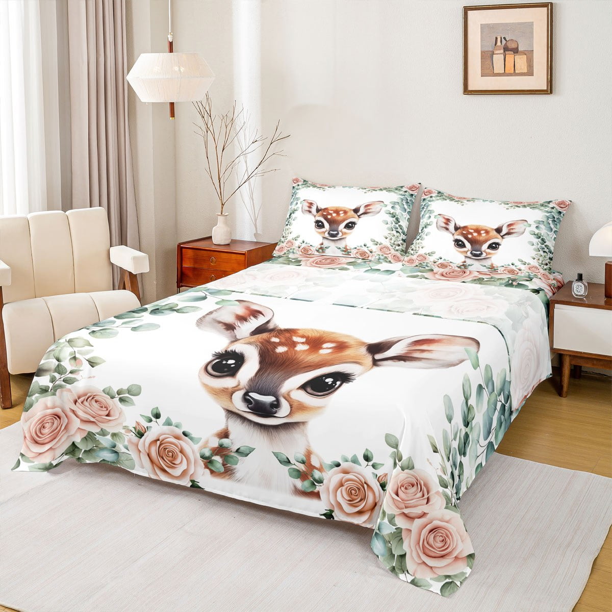 Feelyou Cute Deer Moose Queen Sheet Sets for Teen, Jungle Flower ...