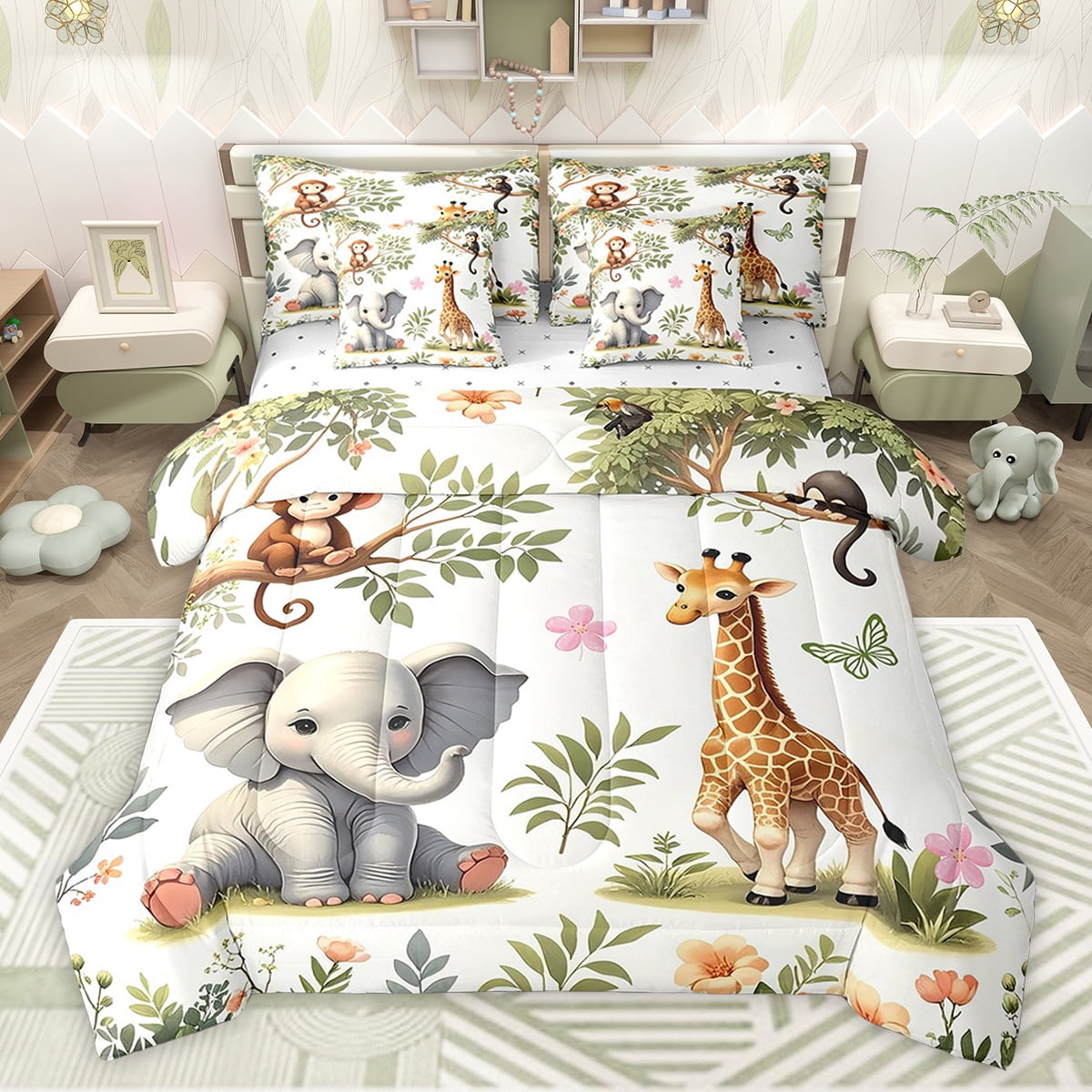 Feelyou Cute Elephant Print Twin Bedding Sets 7-Piece for Kids, Jungle ...