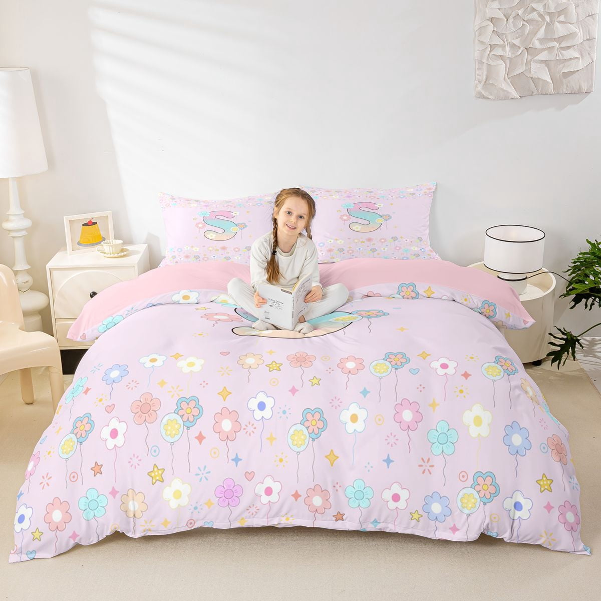 Feelyou Cute Floral Letter S Duvet Cover Set for Kids Girls, Pastel ...