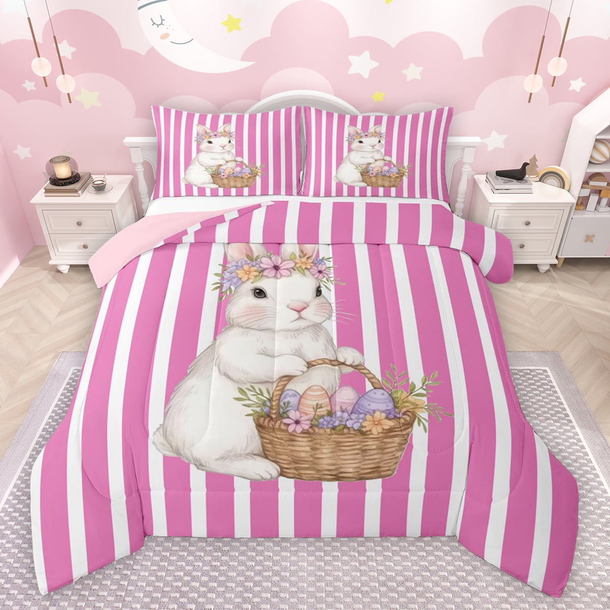 Feelyou Cute Flower Rabbit Full Size Comforter Sets for Girl, Cartoon ...