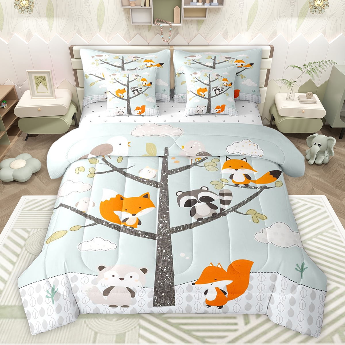 Feelyou Cute Fox Raccoon Bedding Comforter Set 7pcs,Kawaii Cartoon ...