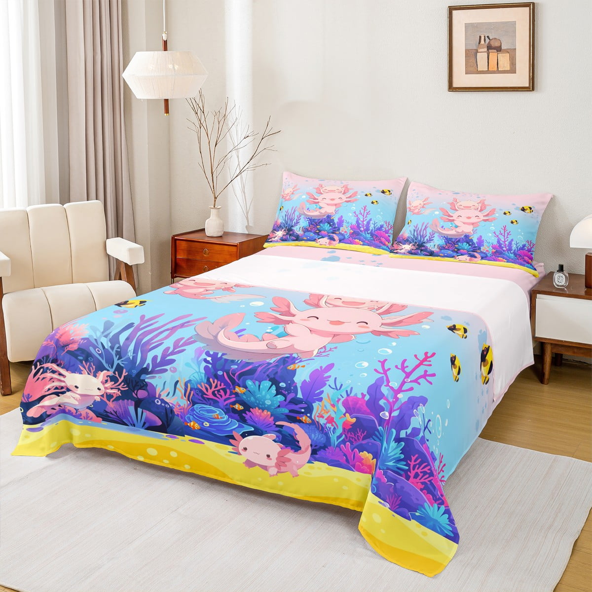 Feelyou Cute Funny Axolotl Bed Sheets for Child, Cartoon Ocean Coral ...
