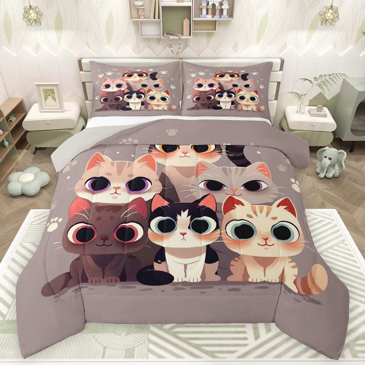 Feelyou Cute Funny Kitten Bedding Comforter Set for Child, Kawaii Cat ...