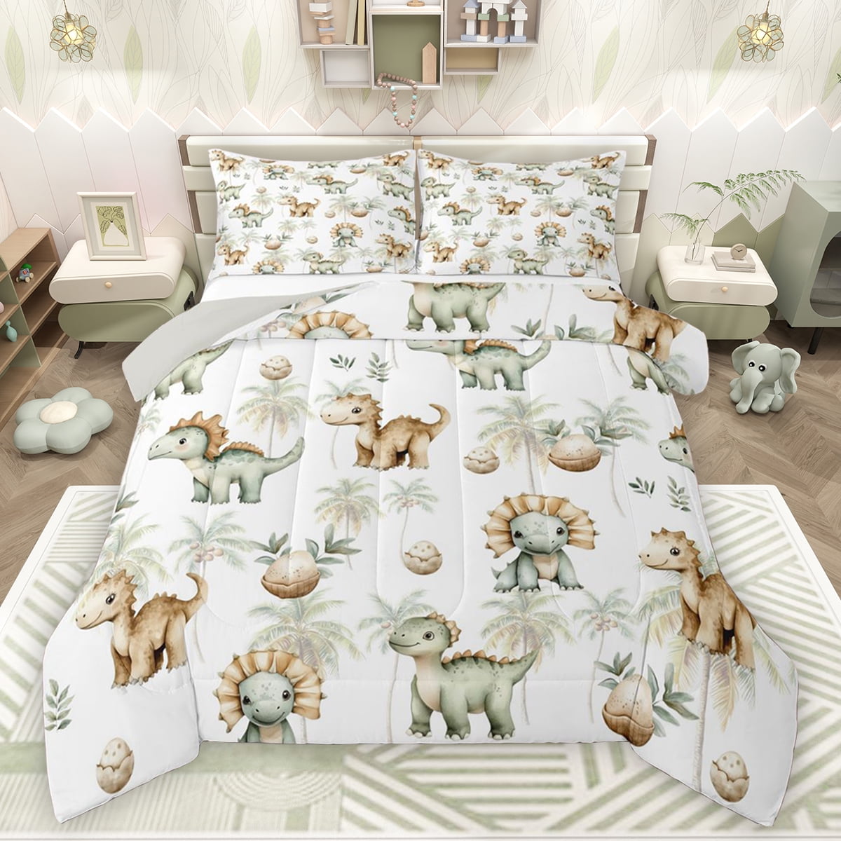 Feelyou Cute Green Dinosaur Full Size Comforter Sets for Kids, Kawaii ...
