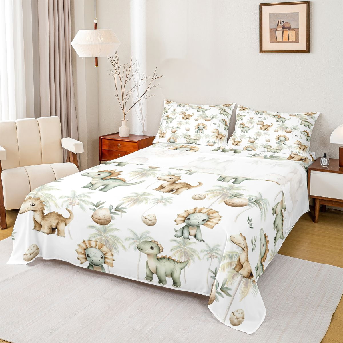 Feelyou Cute Green Dinosaur Full Size Sheets for Kids, Kawaii Dino Eggs ...