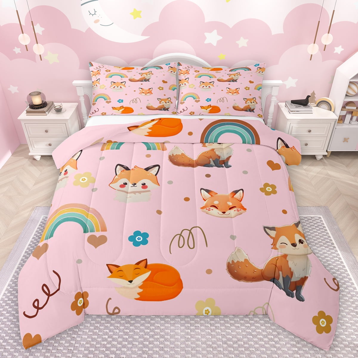 Feelyou Cute Magic Fox Bedding Comforter Set for Girl, Rainbow Love ...