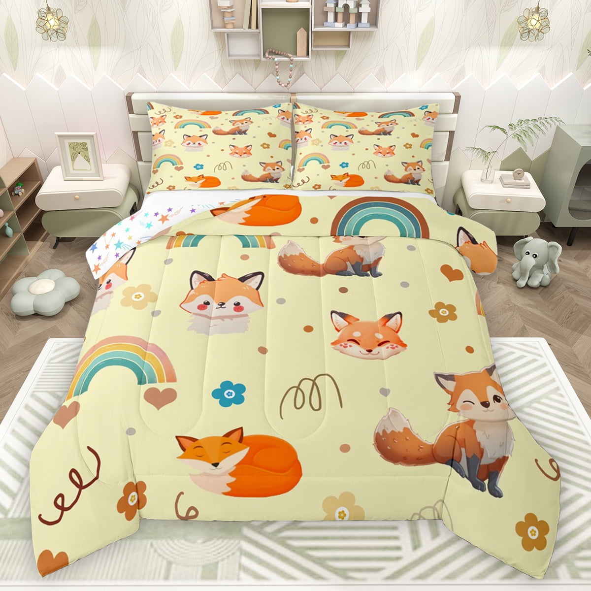 Feelyou Cute Magic Fox Queen Comforter Set for Girl, Rainbow Love Heart ...
