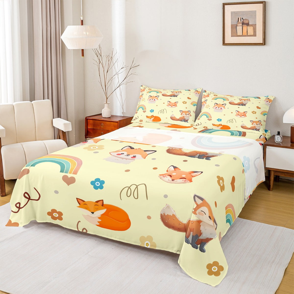 Feelyou Cute Magic Fox Twin Sheet Sets for Girl, Rainbow Love Heart Twin Fitted Sheet, Girly ...