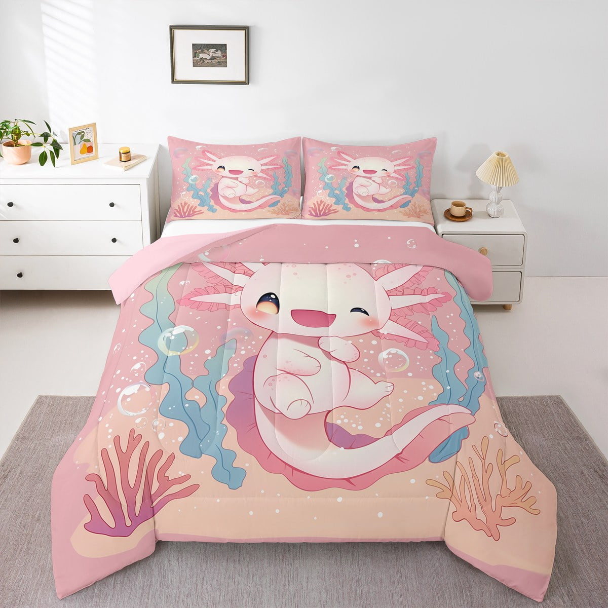 Feelyou Cute Pink Axolotl Bedding Comforter Set for Child, Cartoon ...