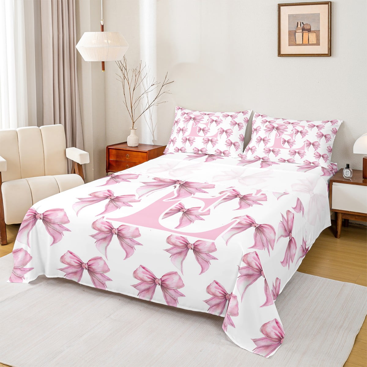 Feelyou Cute Pink Monogrammed Bed Sheets for Child, Kawaii Bow Letter E ...