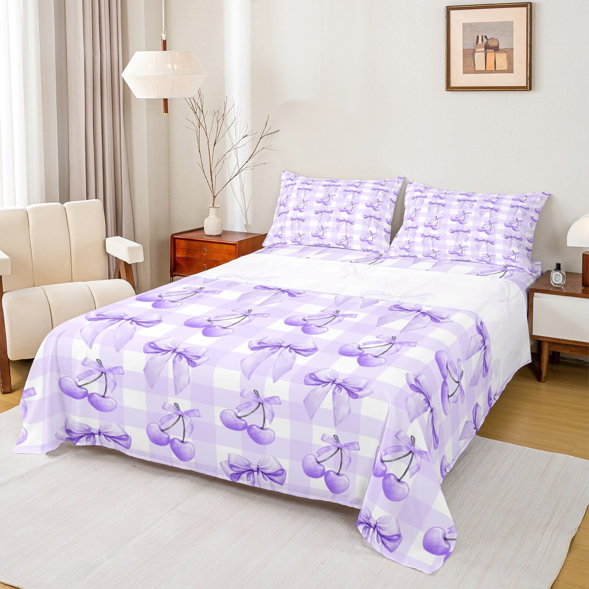Feelyou Cute Purple Cherry Bed Sheets, Dreamy Bow Knot King Sheets for ...