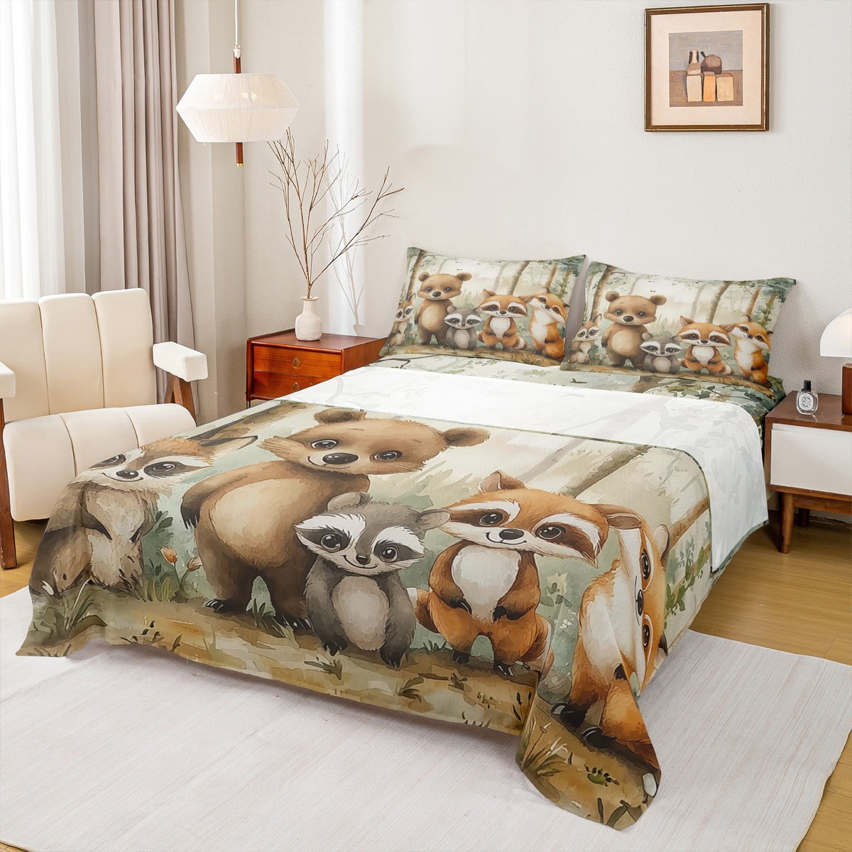 Feelyou Cute Raccoon Bear Queen Sheet Sets, Rustic Fox Squirrel Flat ...