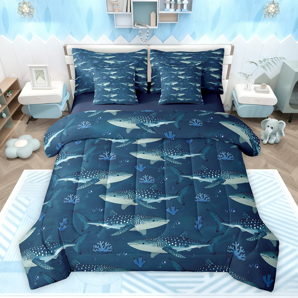 Feelyou Cute Shark Kids Bedding Comforter Set 7pcs, Ocean Croal Sealife ...