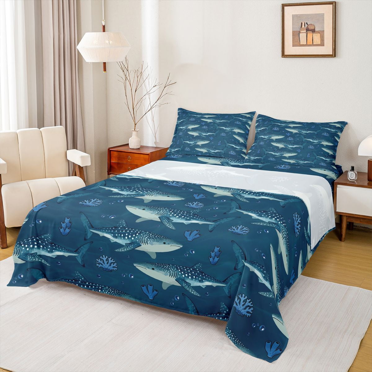 Feelyou Cute Shark Kids Full Size Sheets, Ocean Croal Sealife Bed ...