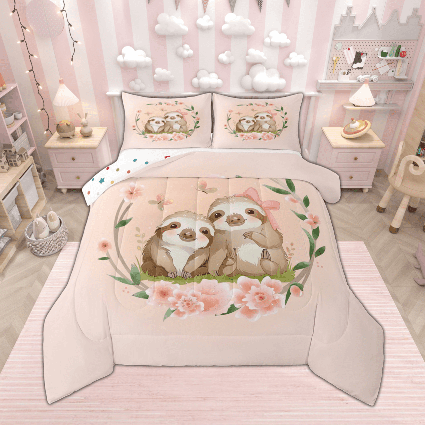 Feelyou Cute Sloth King Size Comforter Sets for Girls, Pink Flower ...