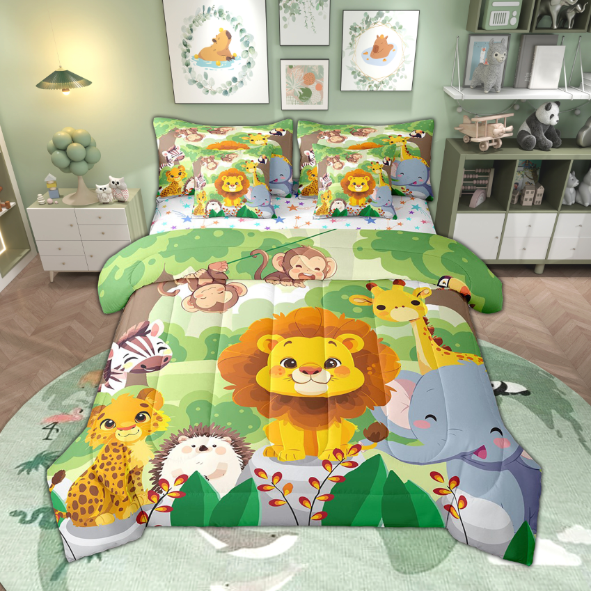 Feelyou Cute Woodland Animal Bedding Comforter Set 7pcs for Children, Lion Leopard Elephant King ...
