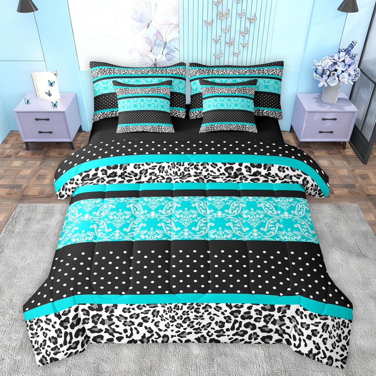 Feelyou Cyan Damask Floral Bedding Comforter Set 7pcs, Leopard Cheetah ...