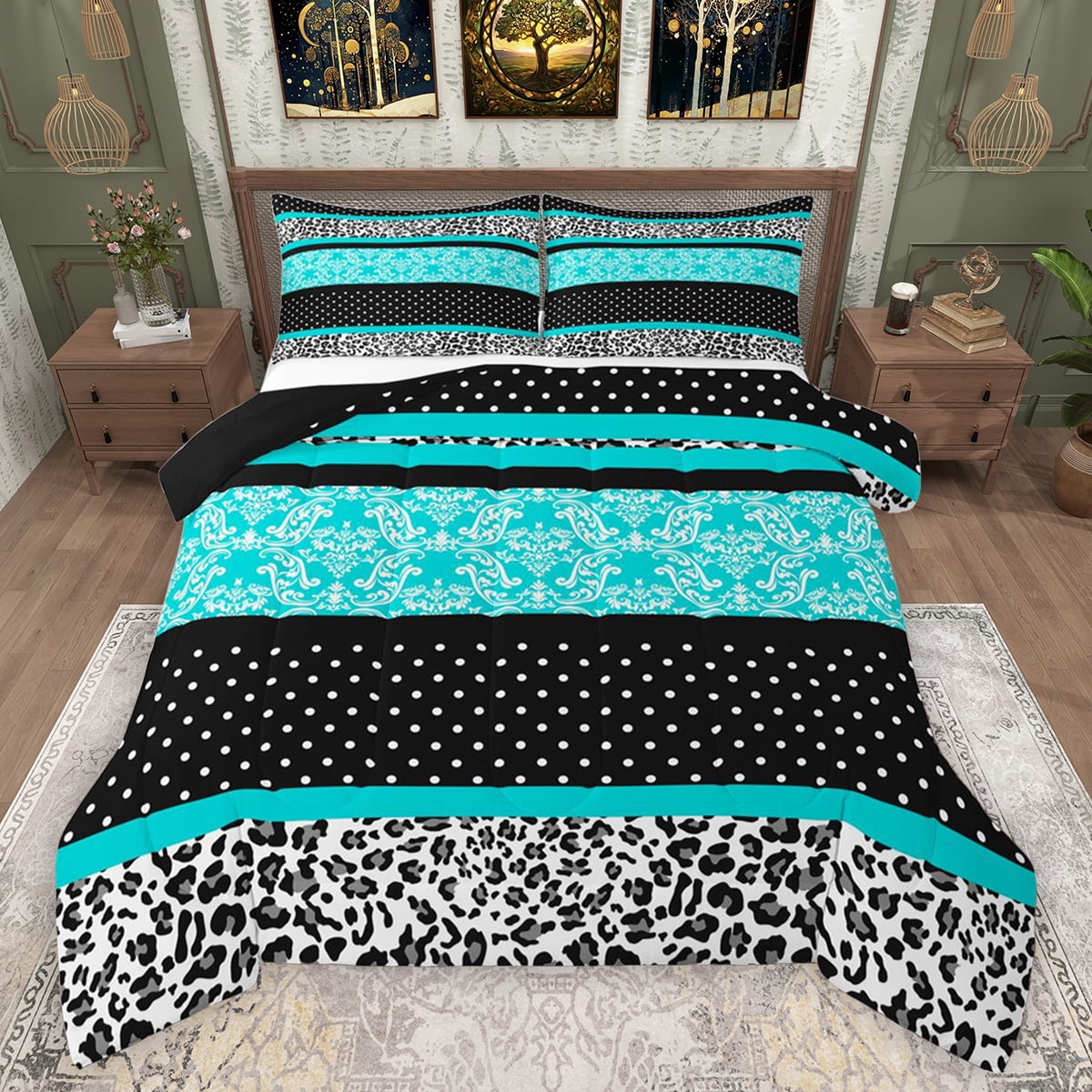 Feelyou Cyan Damask Floral Queen Comforter Set, Leopard Cheetah Print ...
