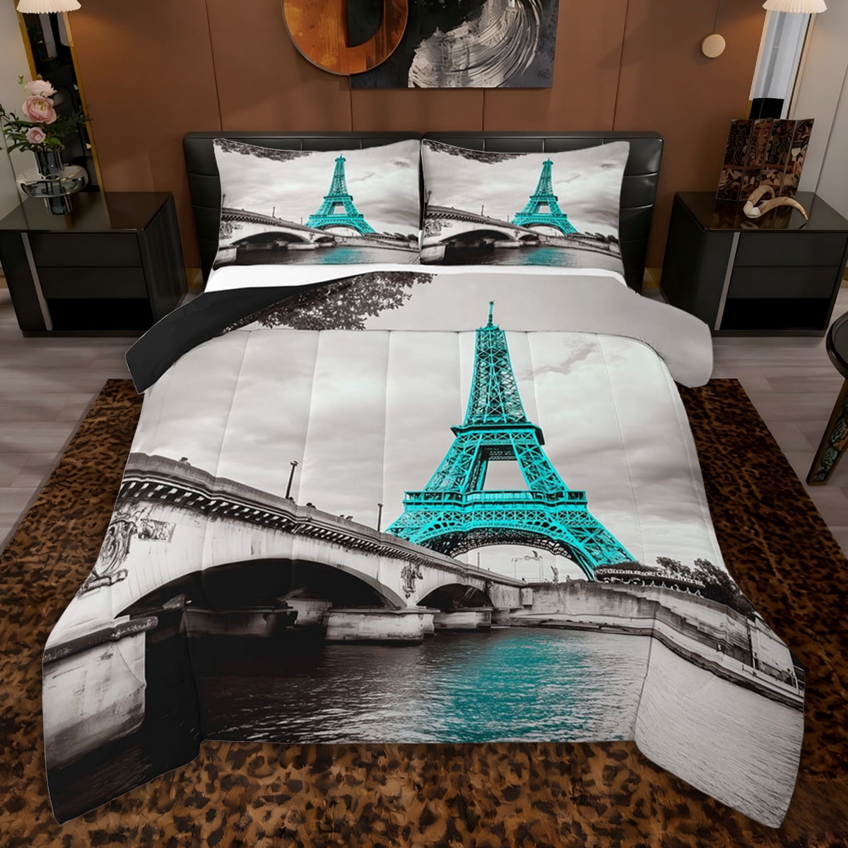 Feelyou Cyan Eiffel Tower Queen Comforter Set, Romantic Paris Bedding ...
