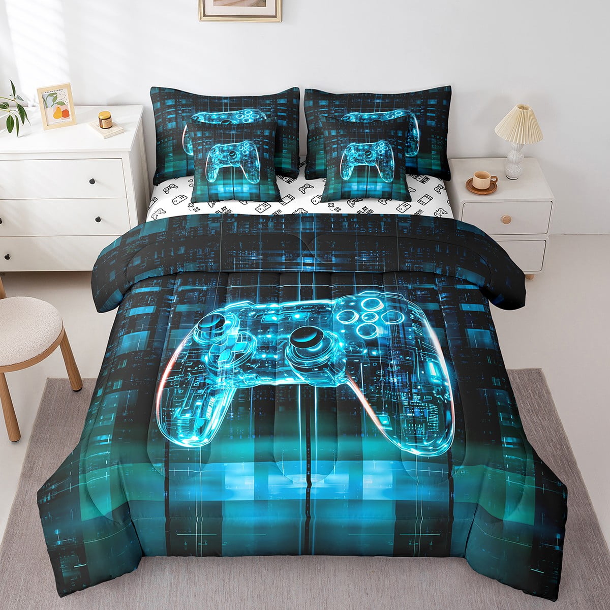 Feelyou Cyan Futuristic Gamepad Bedding Comforter Set 7pcs, Neon ...