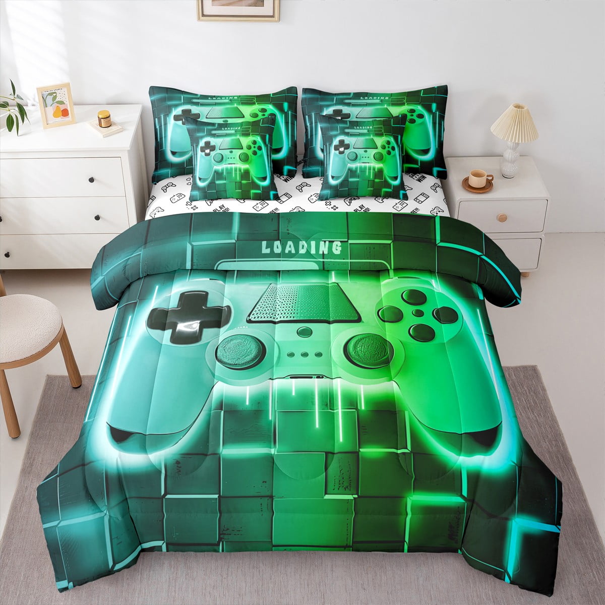 Feelyou Cyan Green Gamepad Bedding Comforter Set 7 Pieces, Fashion Neon ...