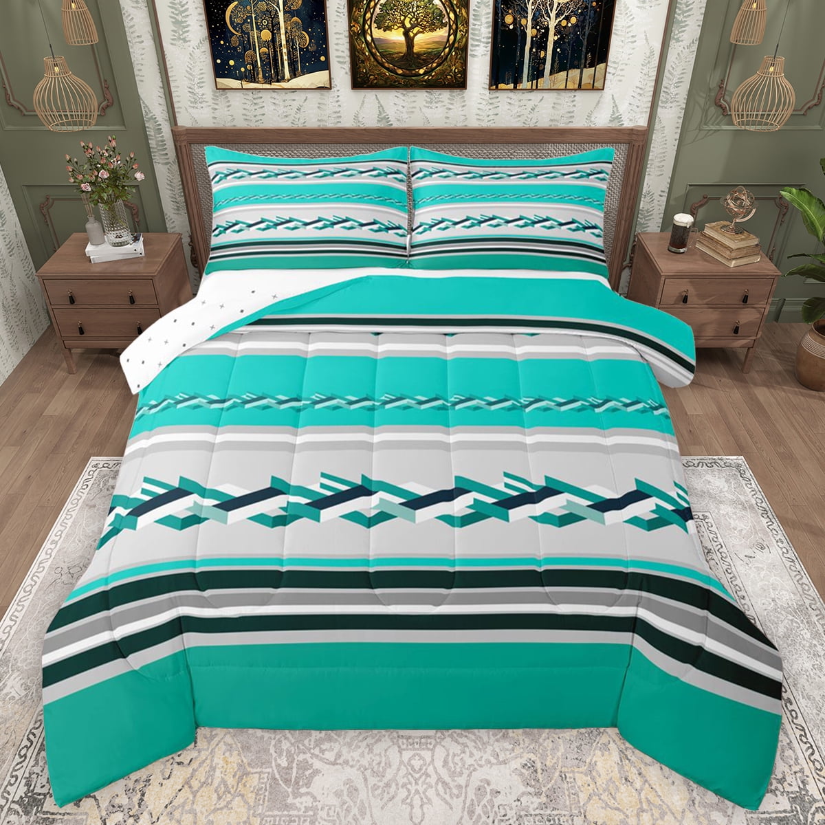 Feelyou Cyan Stripes Lines Queen Comforter Set, Vintage Square Triangle ...