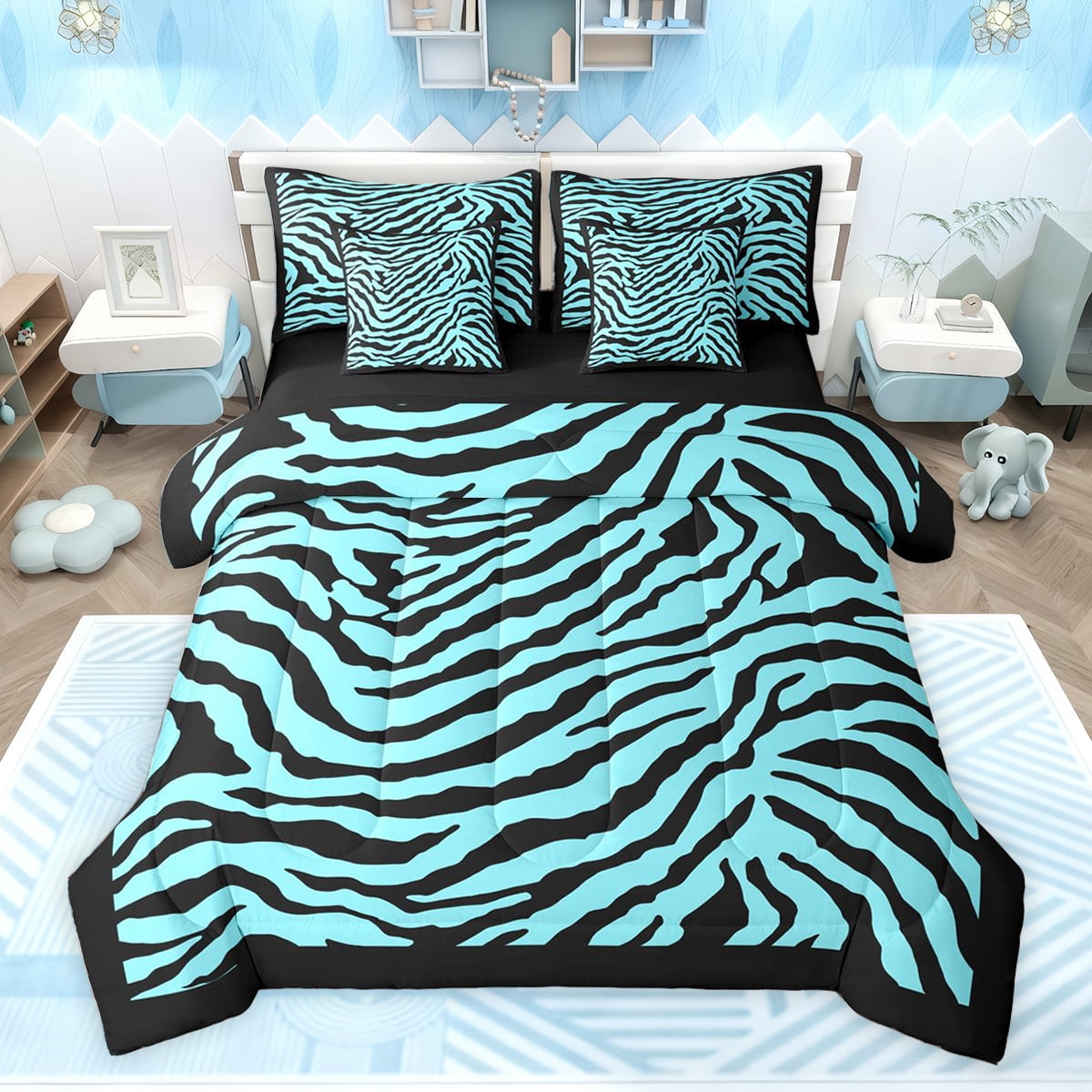 Feelyou Cyan Zebra Print Bedding Comforter Set 7 Pieces for Kids ...