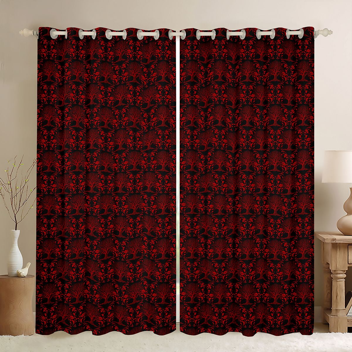 Feelyou Damask Black Out Curtains, Black Red Life Tree Curtains Pack of ...