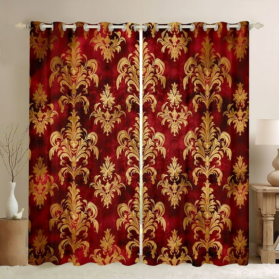 Feelyou Damask Curtains Pack of 2 (52x84 Each), Red Gold Mandala Flower ...
