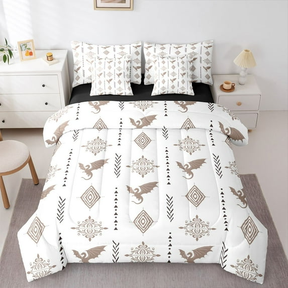Feelyou Damask Flower Aztec Comforter Set 7pcs, White Gold Dragon Queen ...
