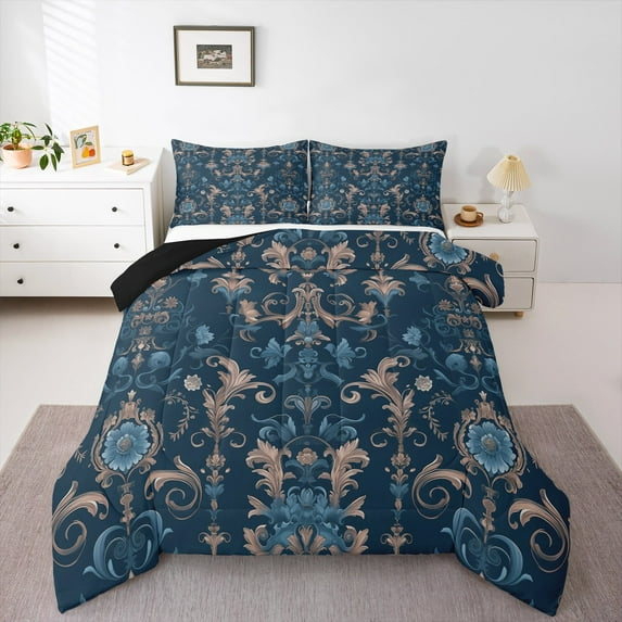 Feelyou Damask Flower Floral Bedding Comforter Set, Blue Bohemian ...