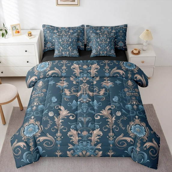Feelyou Damask Flower Floral Twin Bedding Sets 7-Piece, Blue Bohemian ...