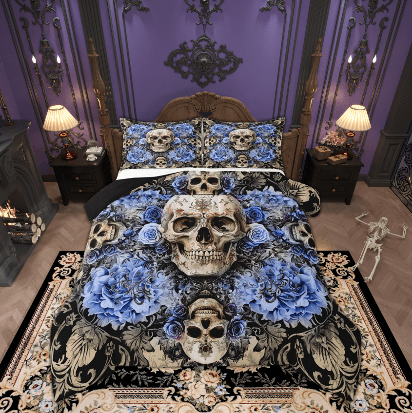 Feelyou Damask Rose Flower Full Size Comforter Sets, Gothic Skeleton ...