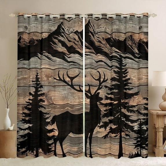 Feelyou Deer Moose Curtains Pack of 2 (42x84 Each), Brown Wooden Cabin ...